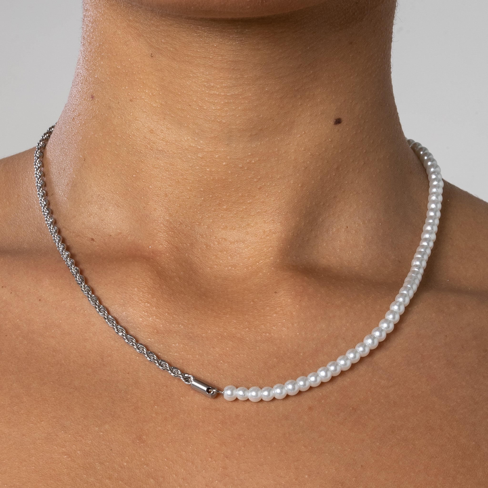 4mm Half Pearl & Rope Necklace - White Gold – Adamans